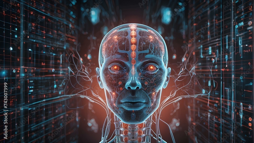 Holographic robot symbolizing futuristic advanced AI or A human in a ...