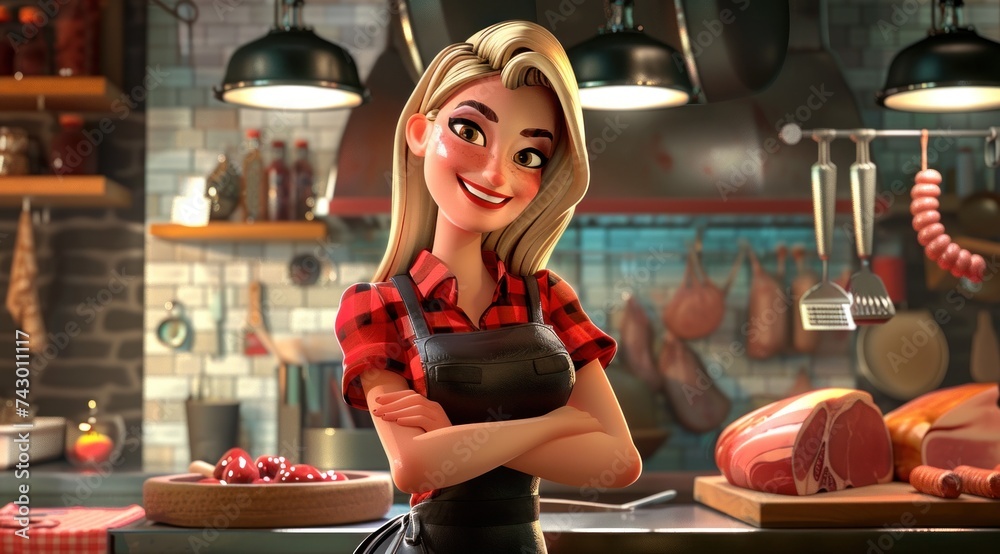 Personnage cartoon d'une femme boucher charcutier souriante, dans sa ...