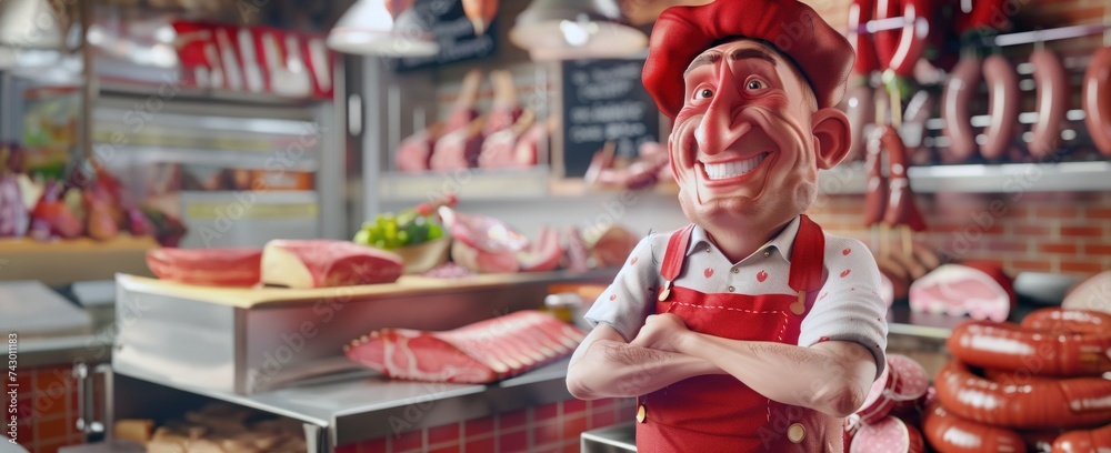 Personnage cartoon d'un homme boucher charcutier dans sa boutique ...