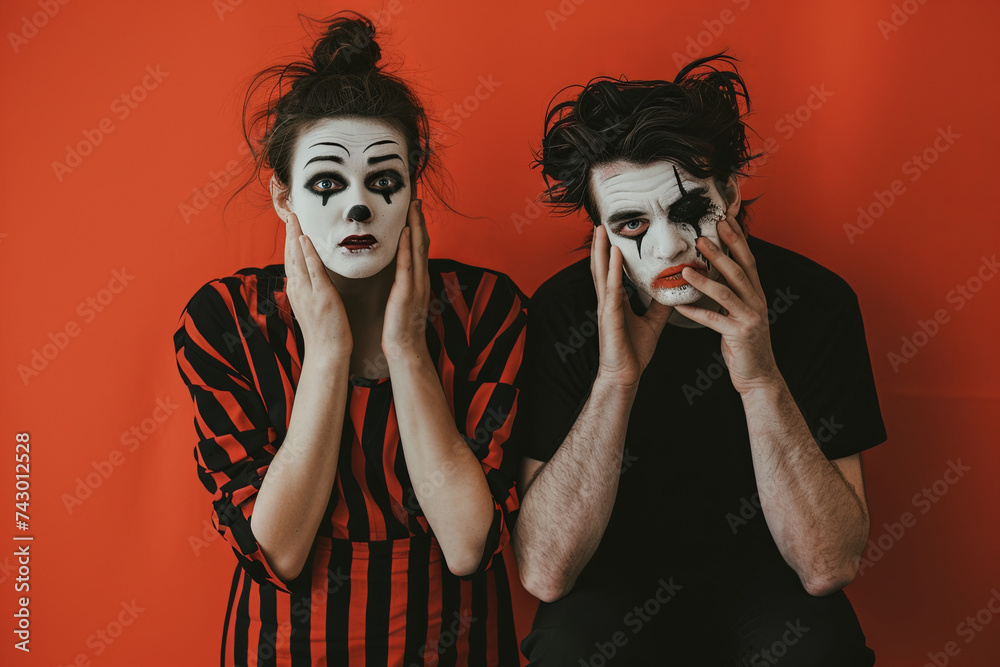 Waist-up portrait of sad mime couple pitifully crying, female mime ...