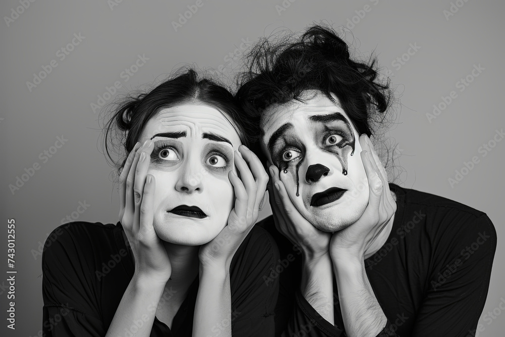 Waist-up portrait of sad mime couple pitifully crying, female mime ...