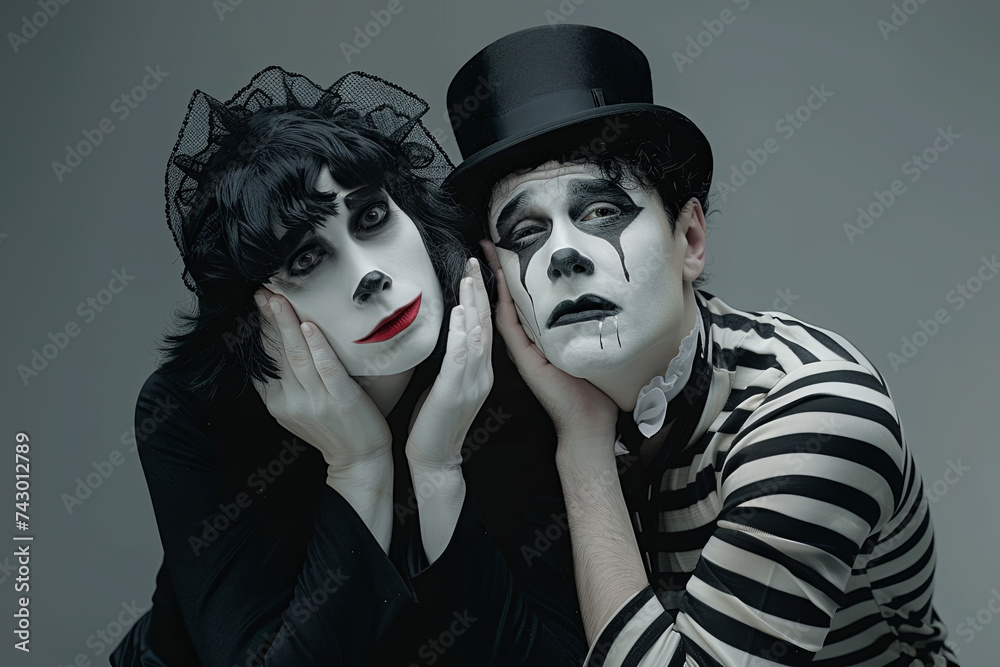 Waist-up portrait of sad mime couple pitifully crying, female mime ...