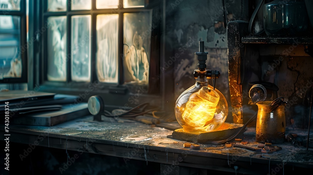 Vintage alchemy lab interior with glowing flask, window light, and ...