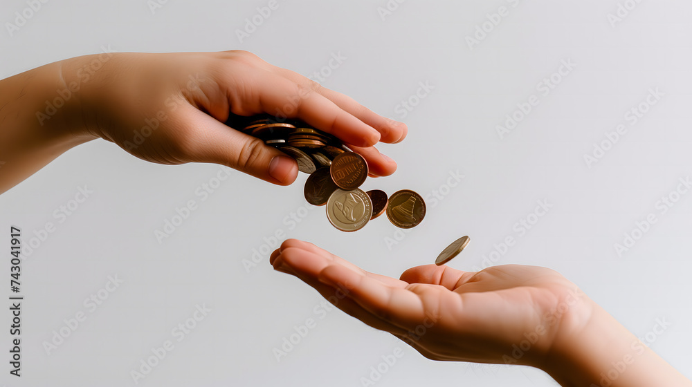 Une main qui donne des pièces de monnaie à l'autre. Concept de donation ...
