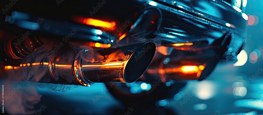 This image showcases a detailed view of a cars exhaust system, focusing ...
