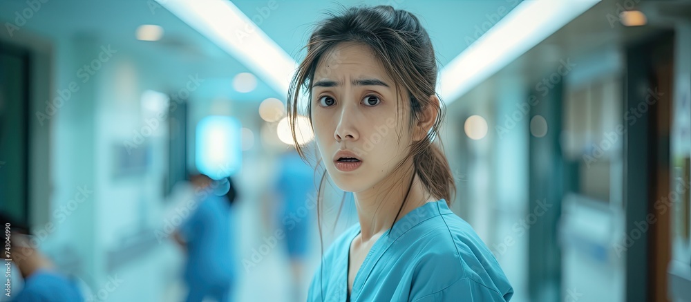 Medical nurse is sitting down a the hospital corridor in frustration ...