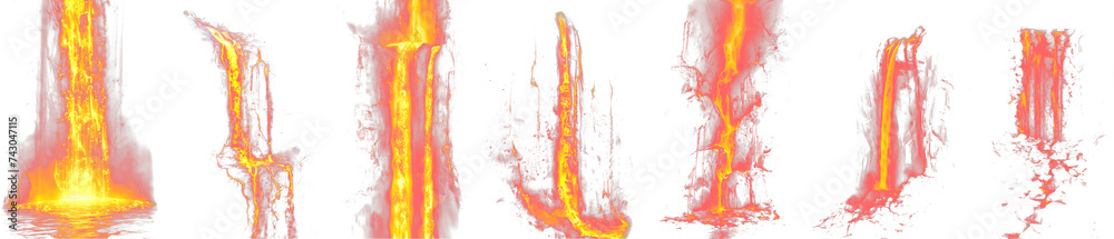 Flaming lava falls. Set of transparent background flowing red, orange ...