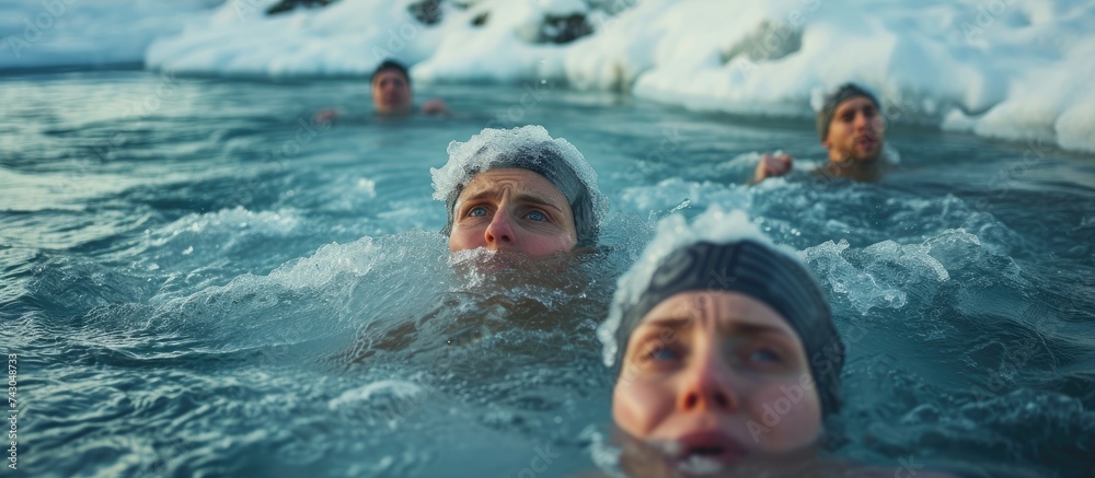 woman and men extreme winter swimming in winter in frost swim in ice ...