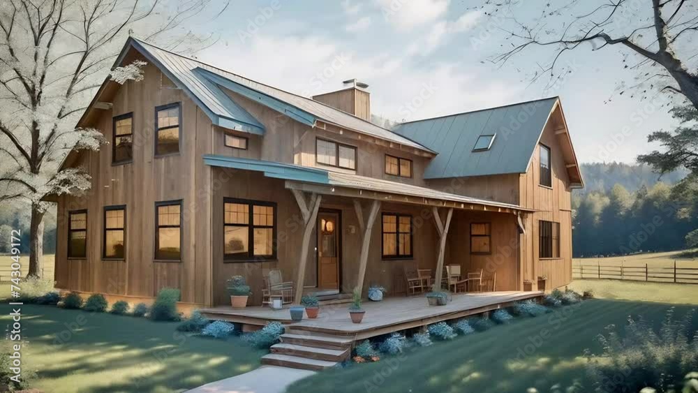 A charming wooden barn house sits gracefully in the countryside ...