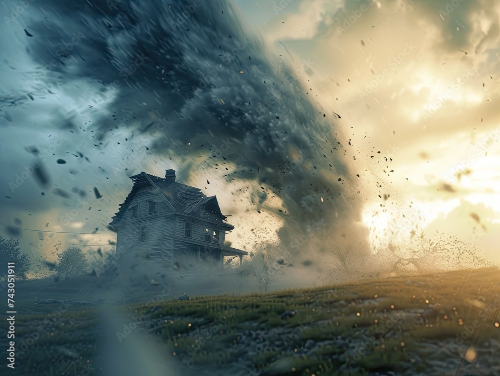 3D visualization of a tornado lifting a house off its foundation a ...