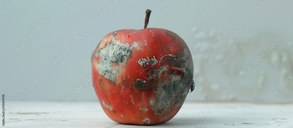 A decaying red apple covered in mold sits ominously on a stark white ...