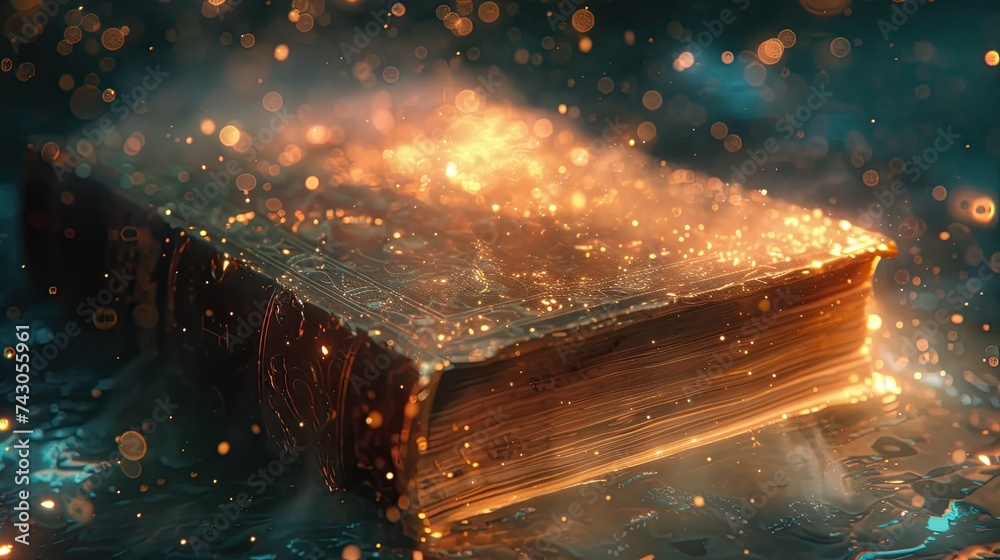 A close-up portrayal of a magically floating book resonating a ...