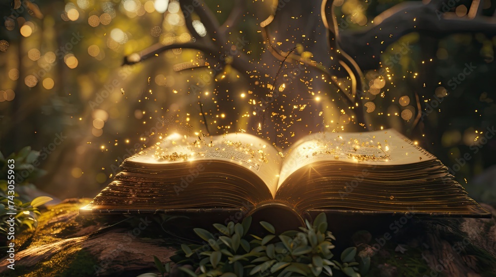 A close-up portrayal of a magically floating book resonating a ...