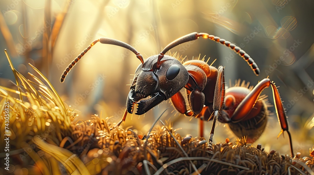 A hyper realistic illustrators depiction of an ant in super macro ...
