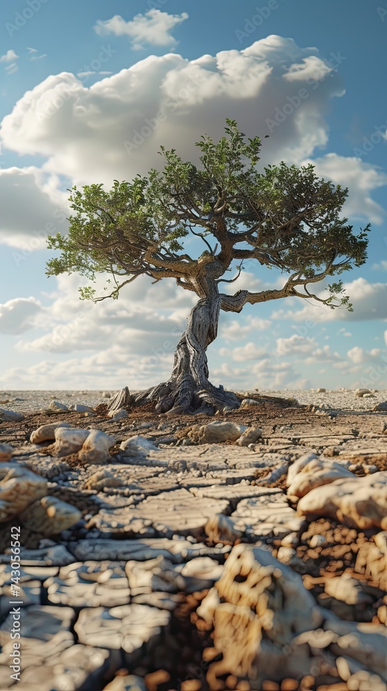 A unique 3D animation featuring a lone tree standing amidst barren land ...