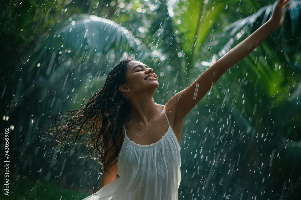 Exuberant Young Woman Dancing in Rain: Tropical Forest Aesthetic Stock ...