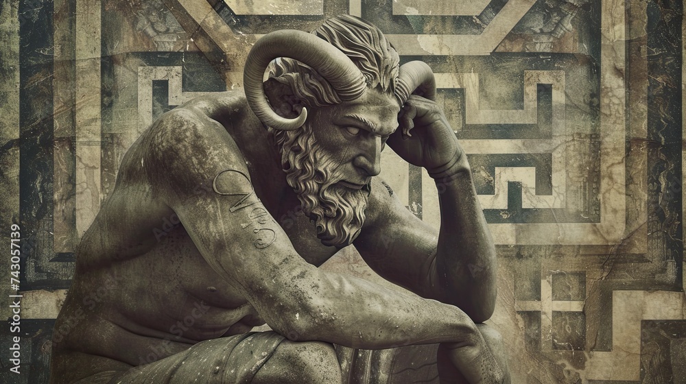 An exceptional minotaur pondering in a labyrinth depicted in a vintage ...