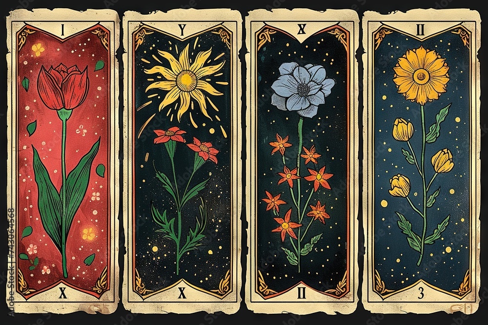 Abstract fantasy tarot card with stunning display of delicate flowers ...