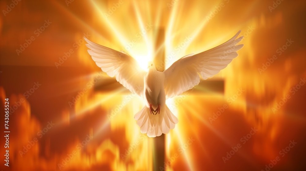 Holy Spirit. Winged Dove flying in front of the cross at sunset ...