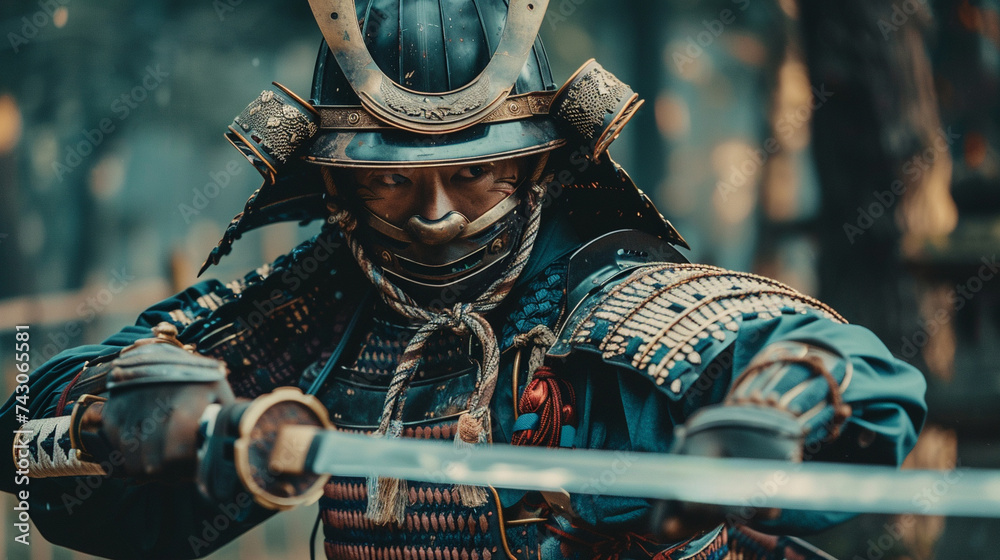 Samurai in full armor sword drawn eyes focused close up capturing the ...