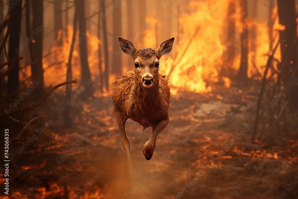 Fawn runs away from fire in the forest. Nature's fury unleashed: a ...