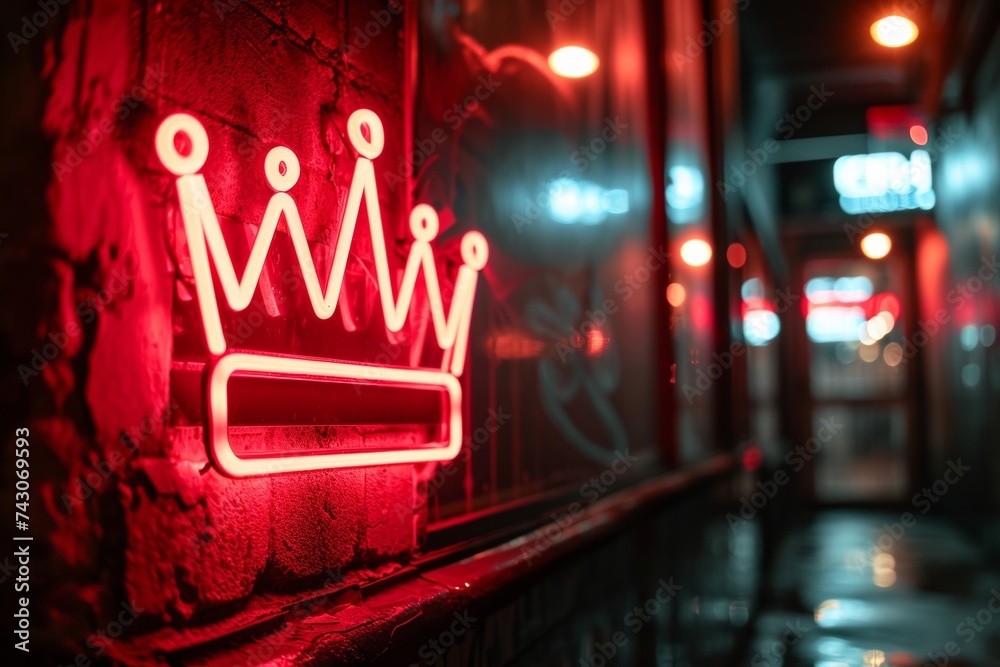 red neon crown sign on the window by the entrance to the shop, store or ...