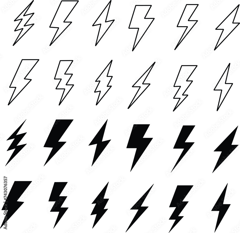 Line and flat flash lightning bolt icon set. Electric power symbol ...
