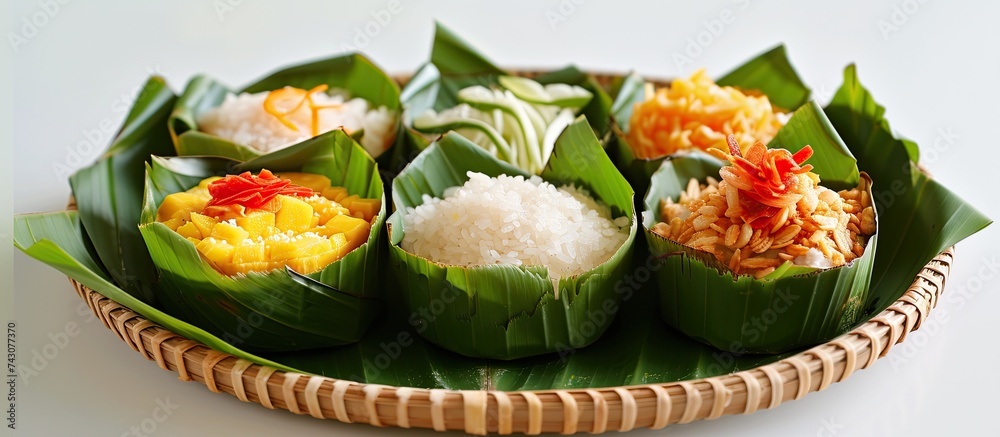 A basket overflowing with various types of food sits atop a wooden ...