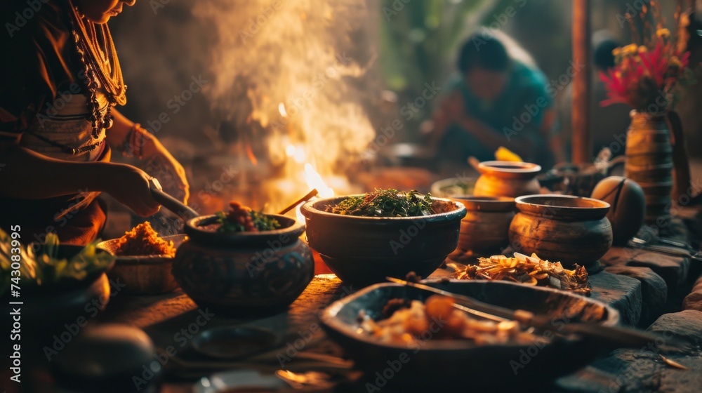 Generative AI The preparation of a communal feast showcasing ...