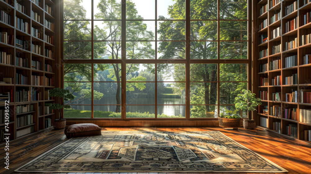 scenic bookshelf background of home office library with window views in ...