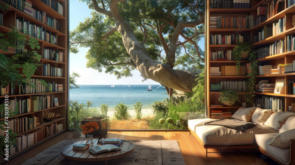 scenic ocean bookshelf background of home office library with window ...