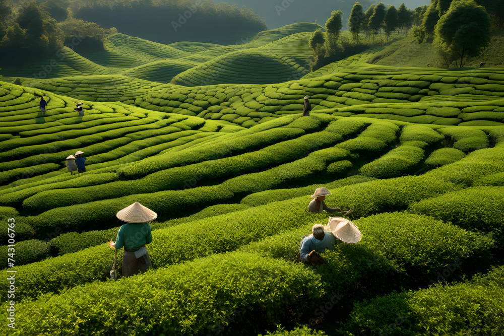 People working on Tea Farm, harvesting fresh tea, process of farming ...