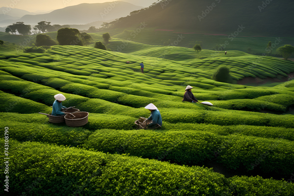 People working on Tea Farm, harvesting fresh tea, process of farming ...