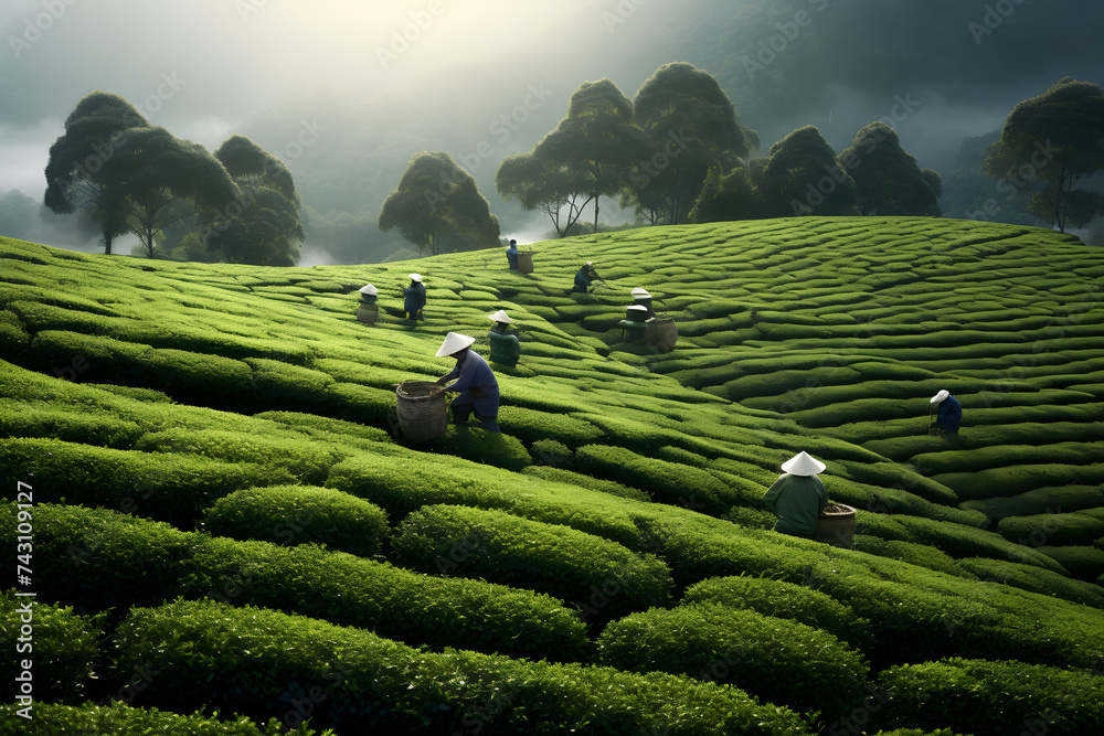 People working on Tea Farm, harvesting fresh tea, process of farming ...