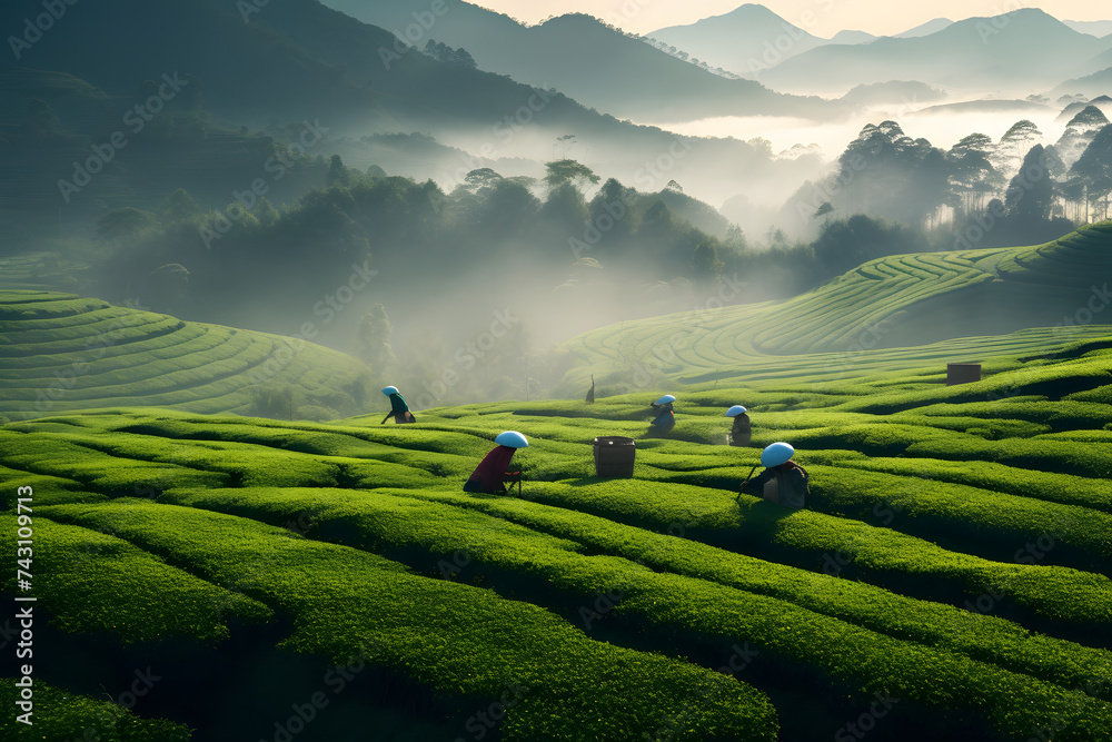 People working on Tea Farm, harvesting fresh tea, process of farming ...
