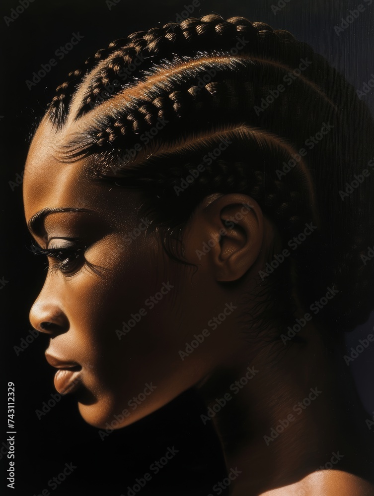 Side Profile of a Graceful Black Woman with Cornrow Braids in Natural ...
