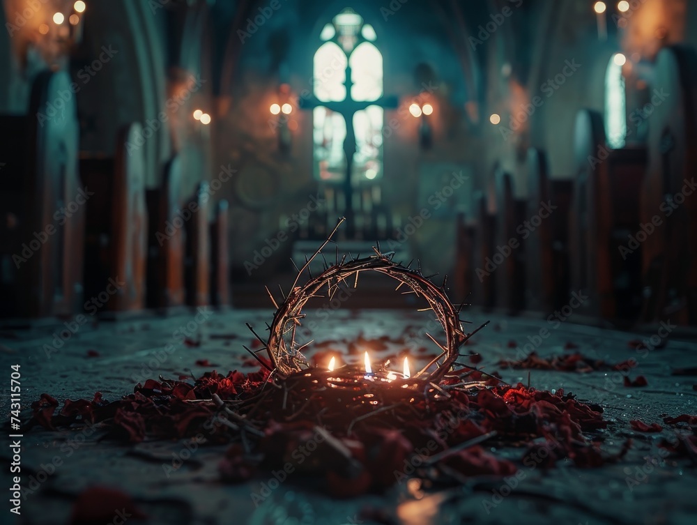 Dimly Lit Altar for Good Friday, Featuring Crown of Thorns and Nails ...
