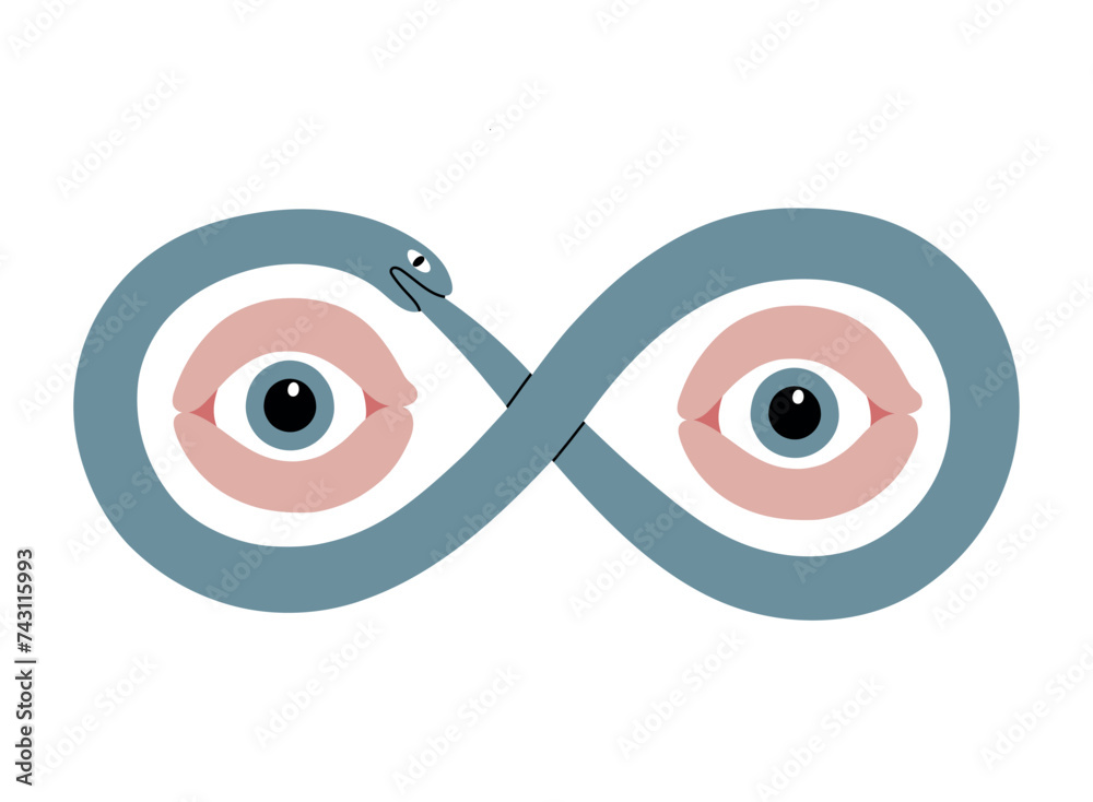 Vector color hand-drawn illustration of eyes and a snake infinity sign ...