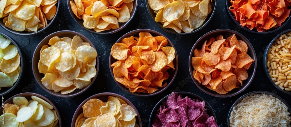 Tray filled with an assortment of different types of chips, such as ...