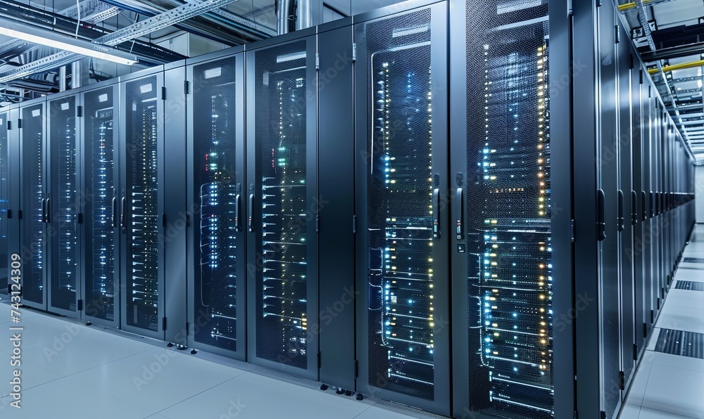 Rows of server racks fill a vast data storage warehouse, showcasing the ... Rows of server racks fill a vast data storage warehouse, showcasing the ...