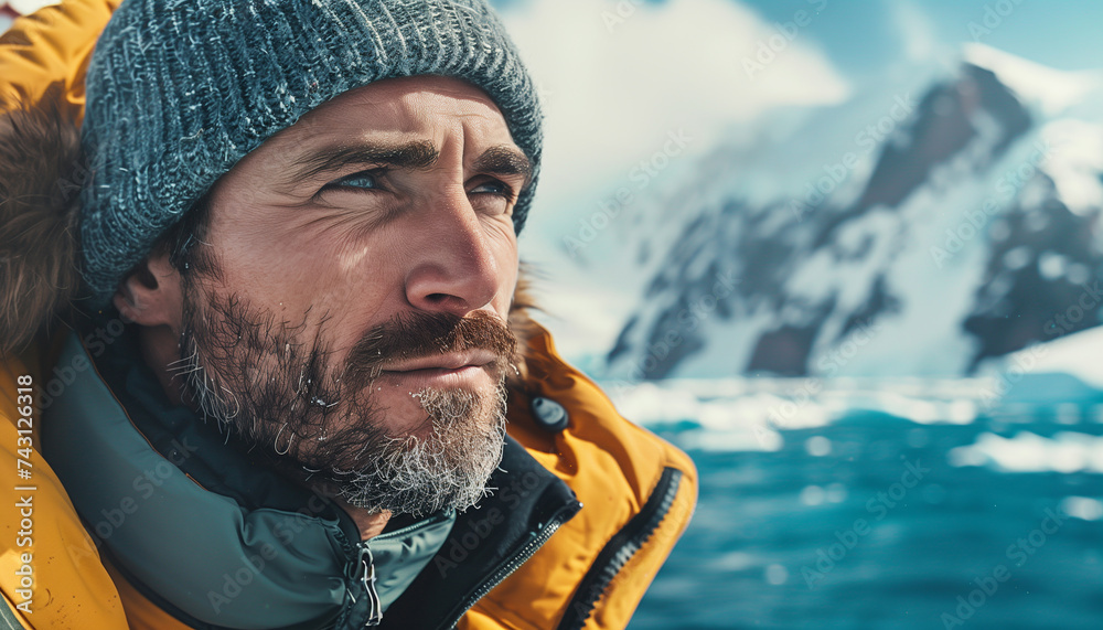 Polar Explorer bearded man portrait on research vessel moving polar ...