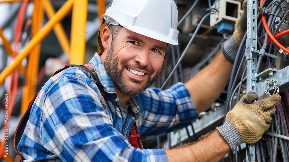 Professional electrician working on repairing high voltage power lines ...