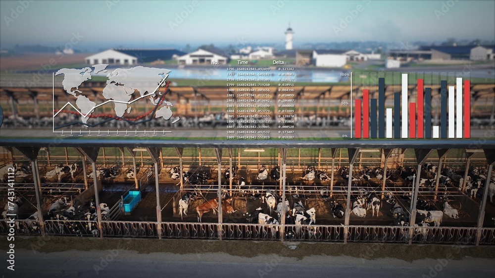 Agritech data charts overlay a modern dairy farm, tracking cattle and ...