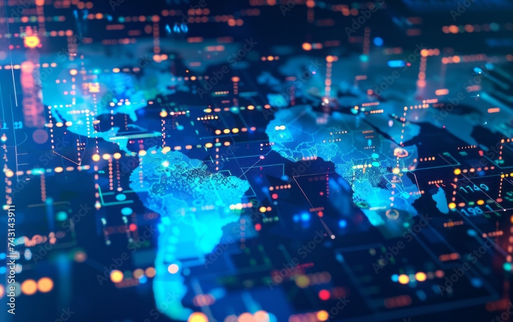 Digital world map with glowing network connections, concept of global ...
