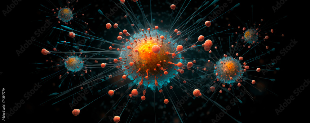 A striking 3D visualization presents the coronavirus with red teal blue ...
