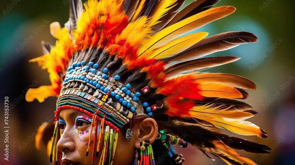 Colorful headdress of an indian Kaiapo tribe made of feathers of ...