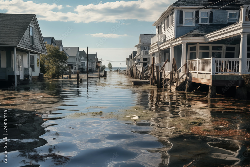 Waterfront homes on a flooded street in the town. Flooded coastal area ...