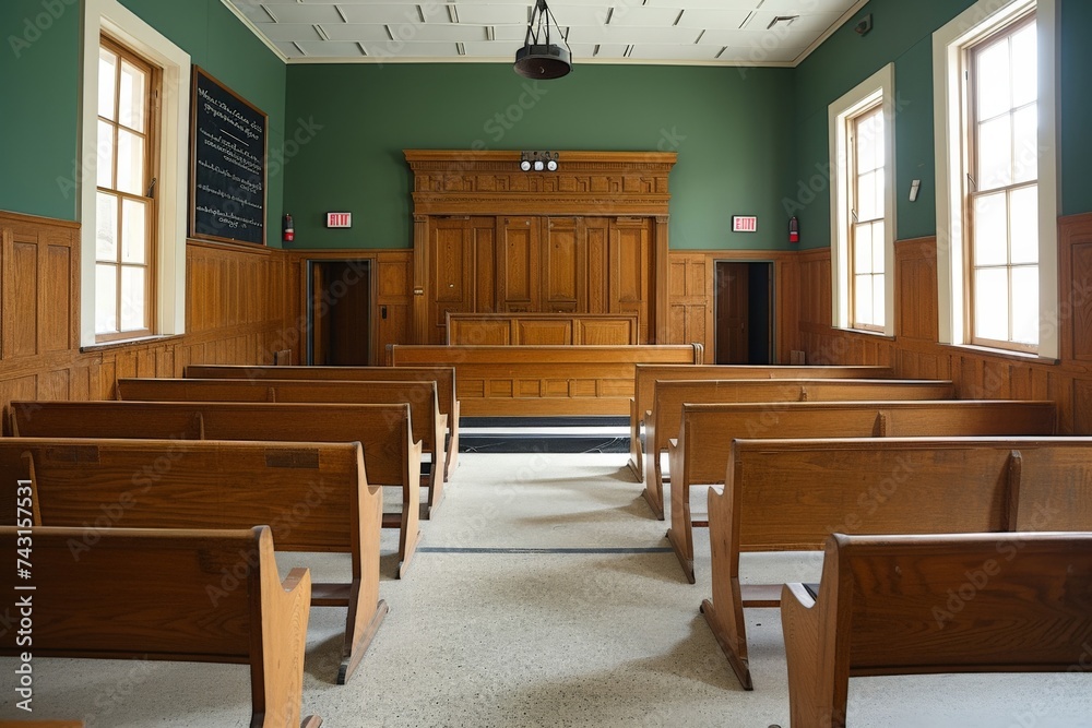 Empty wooden pews and bench in a room with natural lighting and simple ...