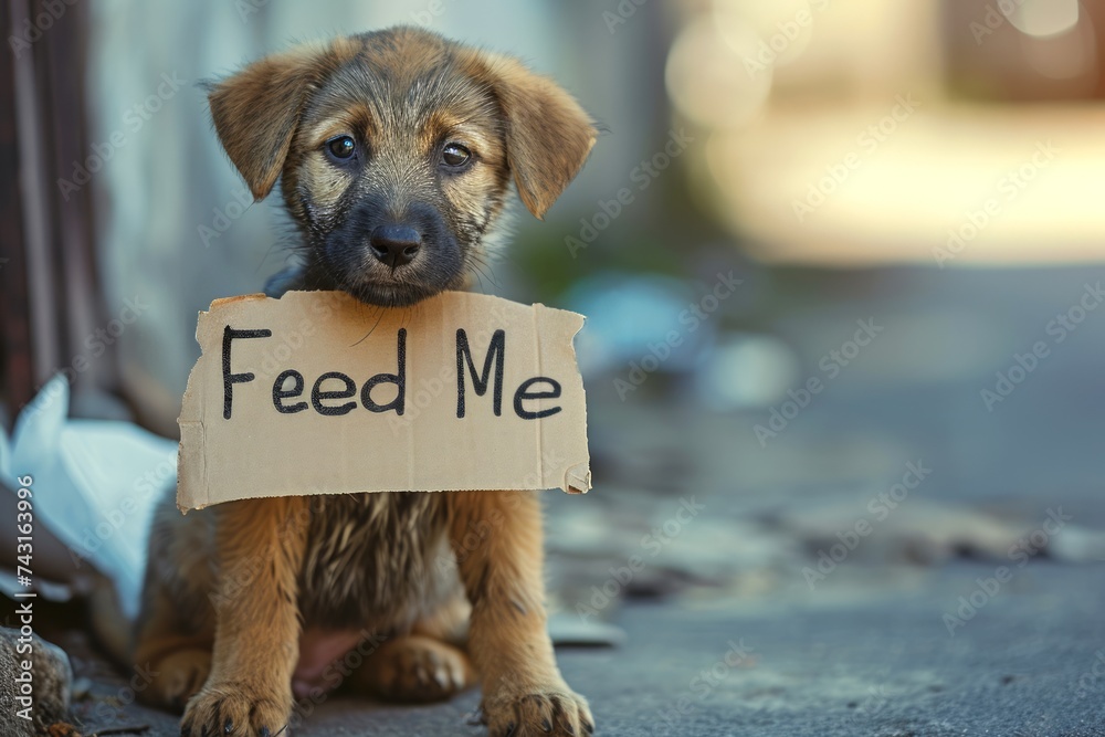 Stray puppy with a "Feed me" sign on a sidewalk. Concept of stray care ...