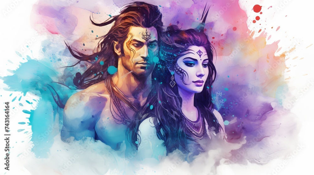 Artistic representation of deities Shiva and Shakti with a colorful ...